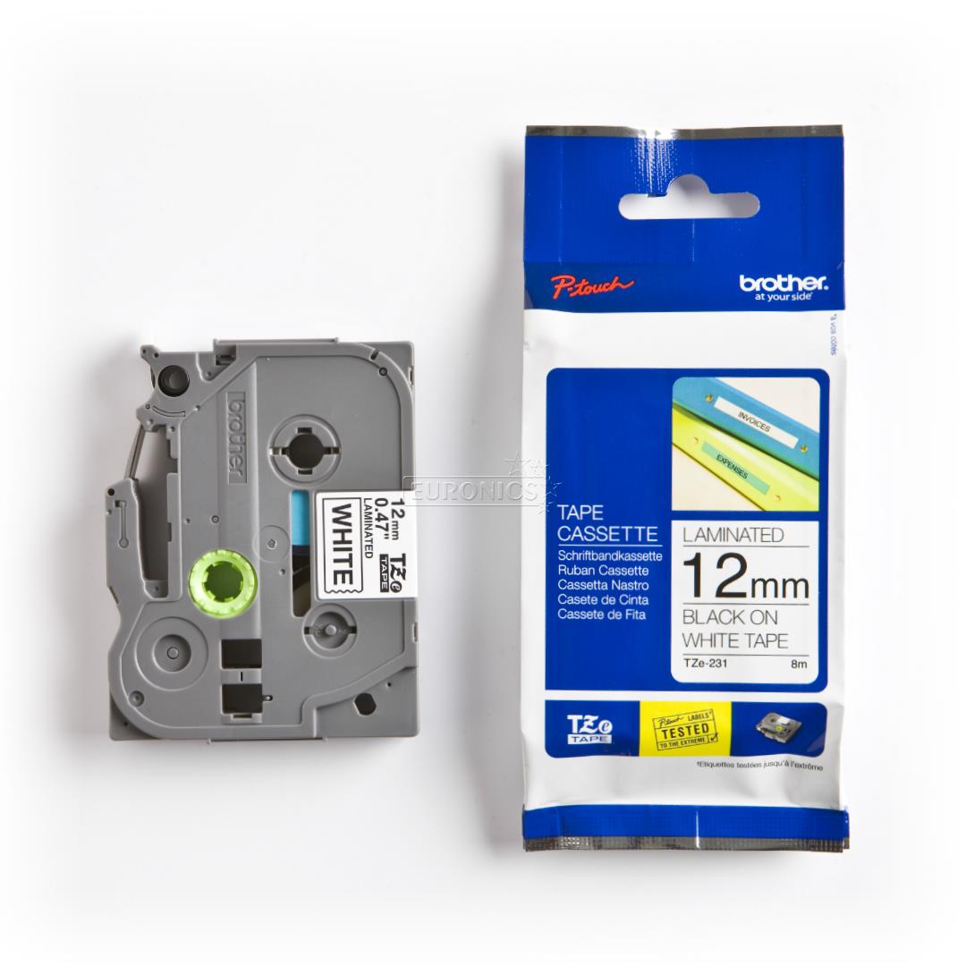 Laminated Tape Black On White 8m X 12mm Brother Tze231